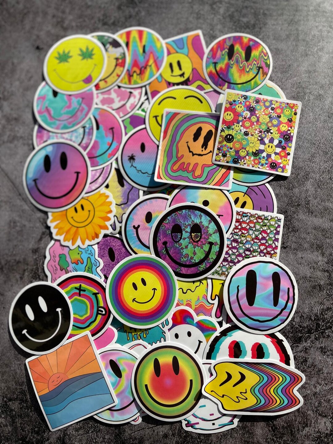 50pcs Colorful Happy Face Stickers | Trippy Psychedelic Retro Aesthetic ...