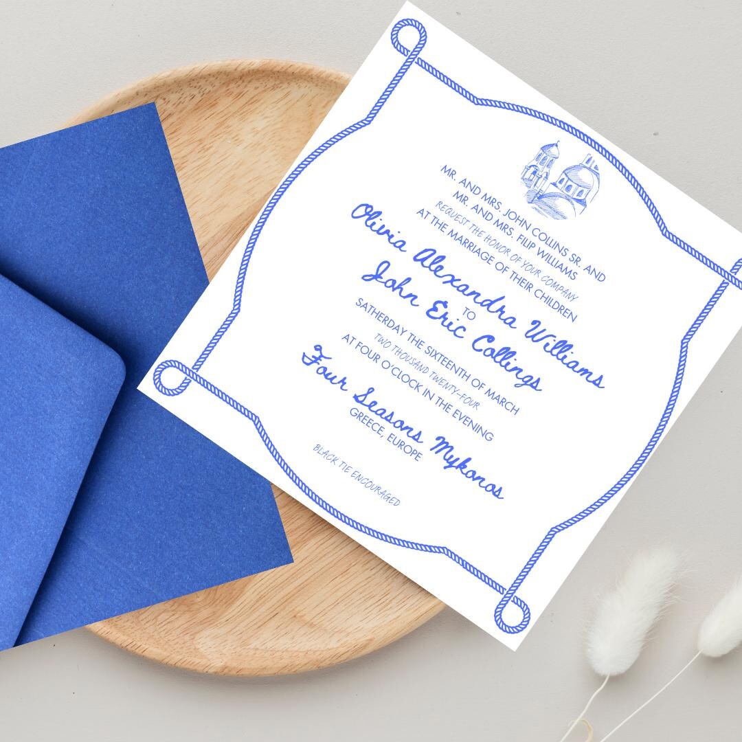 Retro Location Wedding Invitation Template - White and Blue Greece ...