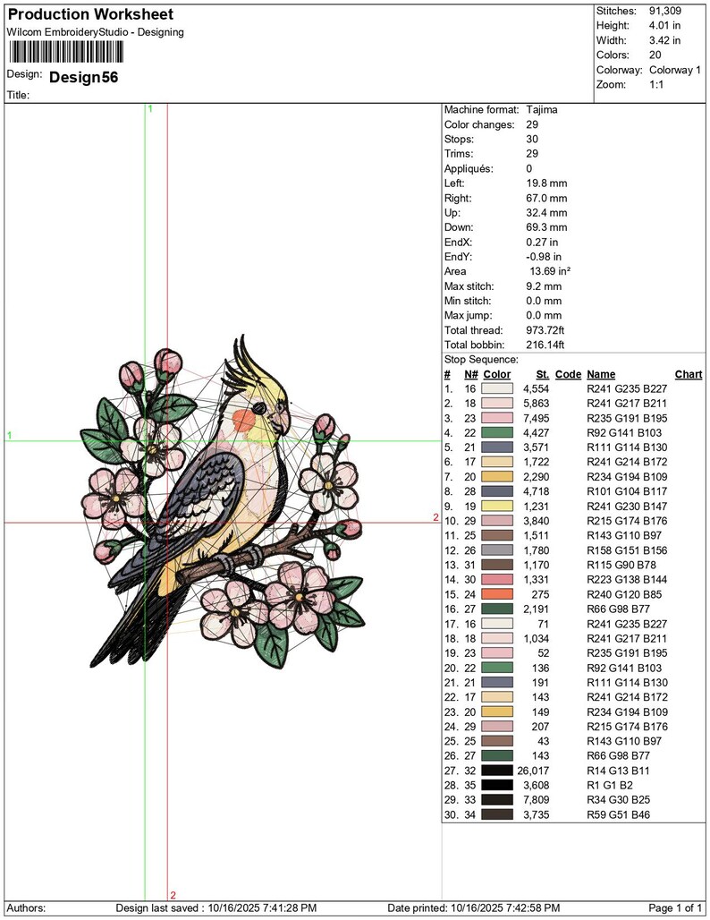 Cockatiel Floral Embroidery Design | Bird Machine Embroidery Pattern ...