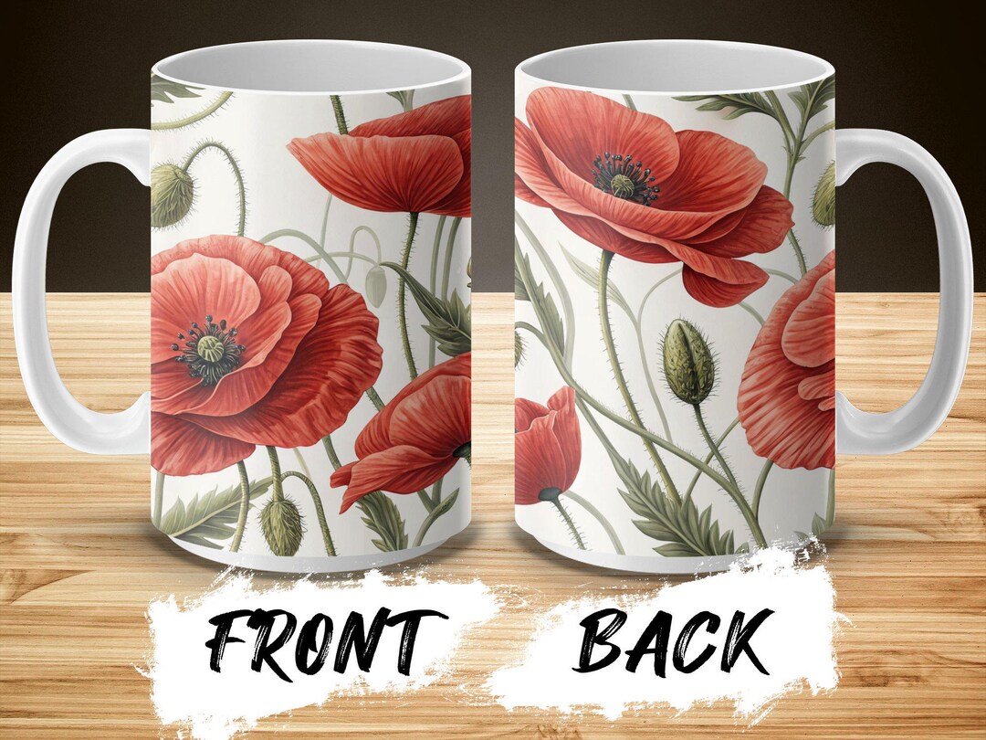 Red Poppy Flower Mugs, Floral Pattern Mugs, Botanical Mugs, Garden Mugs ...