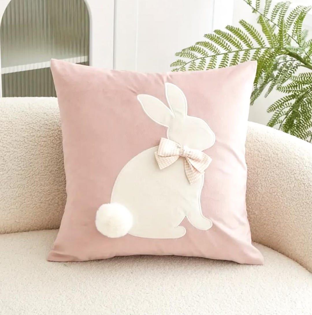 Blush Pink Bunny Pillow Cover: Velvet Easter Cushion With Plaid Bow - Etsy