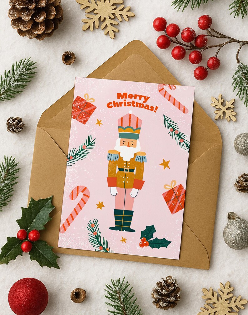 Nutcracker Christmas Card Printable — Handmade Christmas Card, Pastel ...