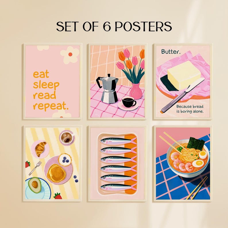 Set of 6 Printable Food Posters – Retro Kitchen Wall Art, Aesthetic ...
