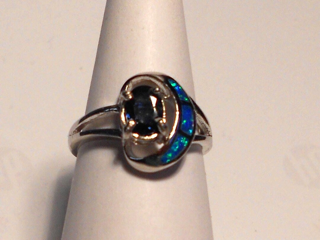 Blue Sapphire With Opal Inlaid Ring, Sterling Silver. - Etsy