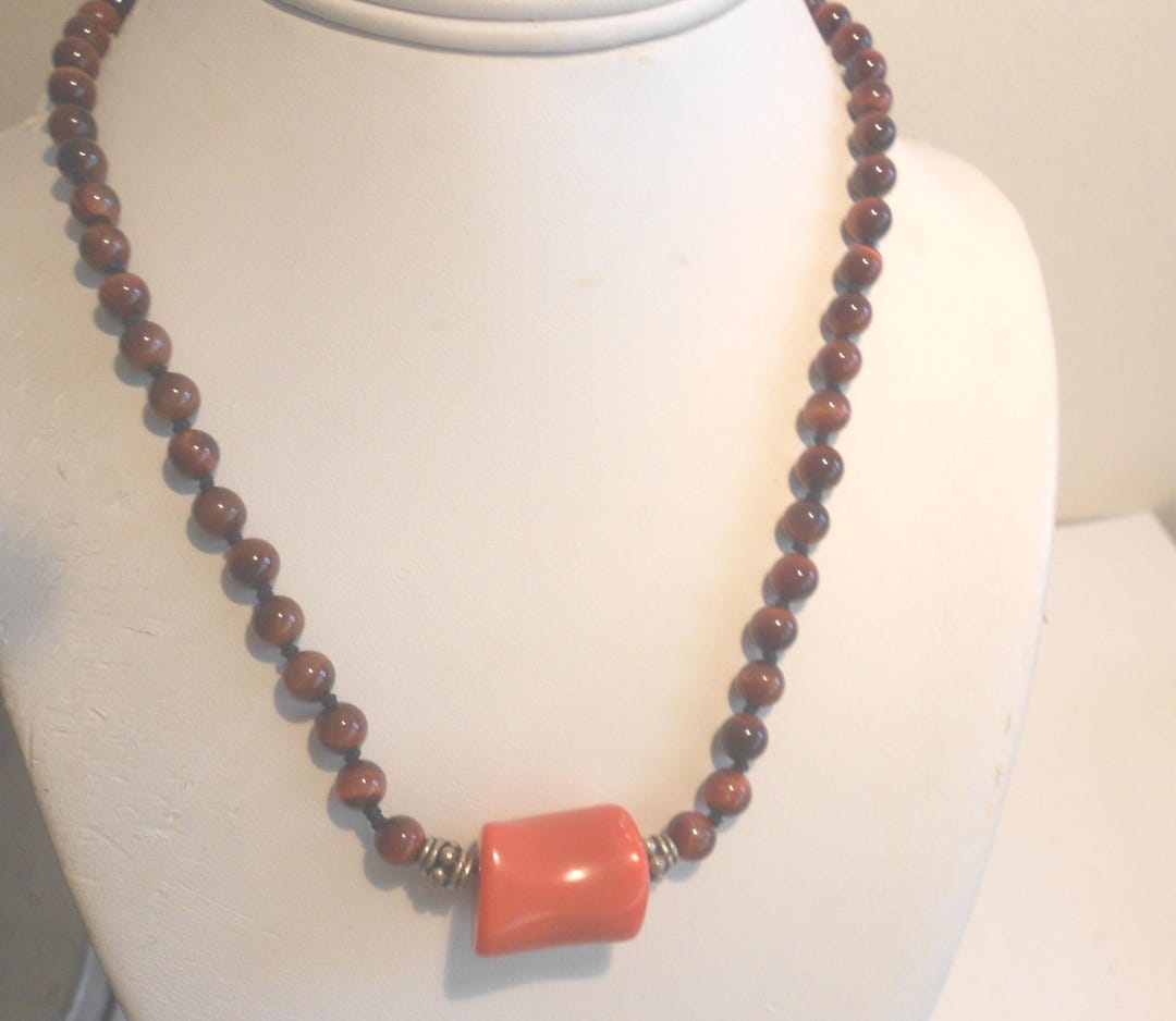 1 Red Coral Pendant/brown Jasper Beads Necklace/silver Clasp - Etsy
