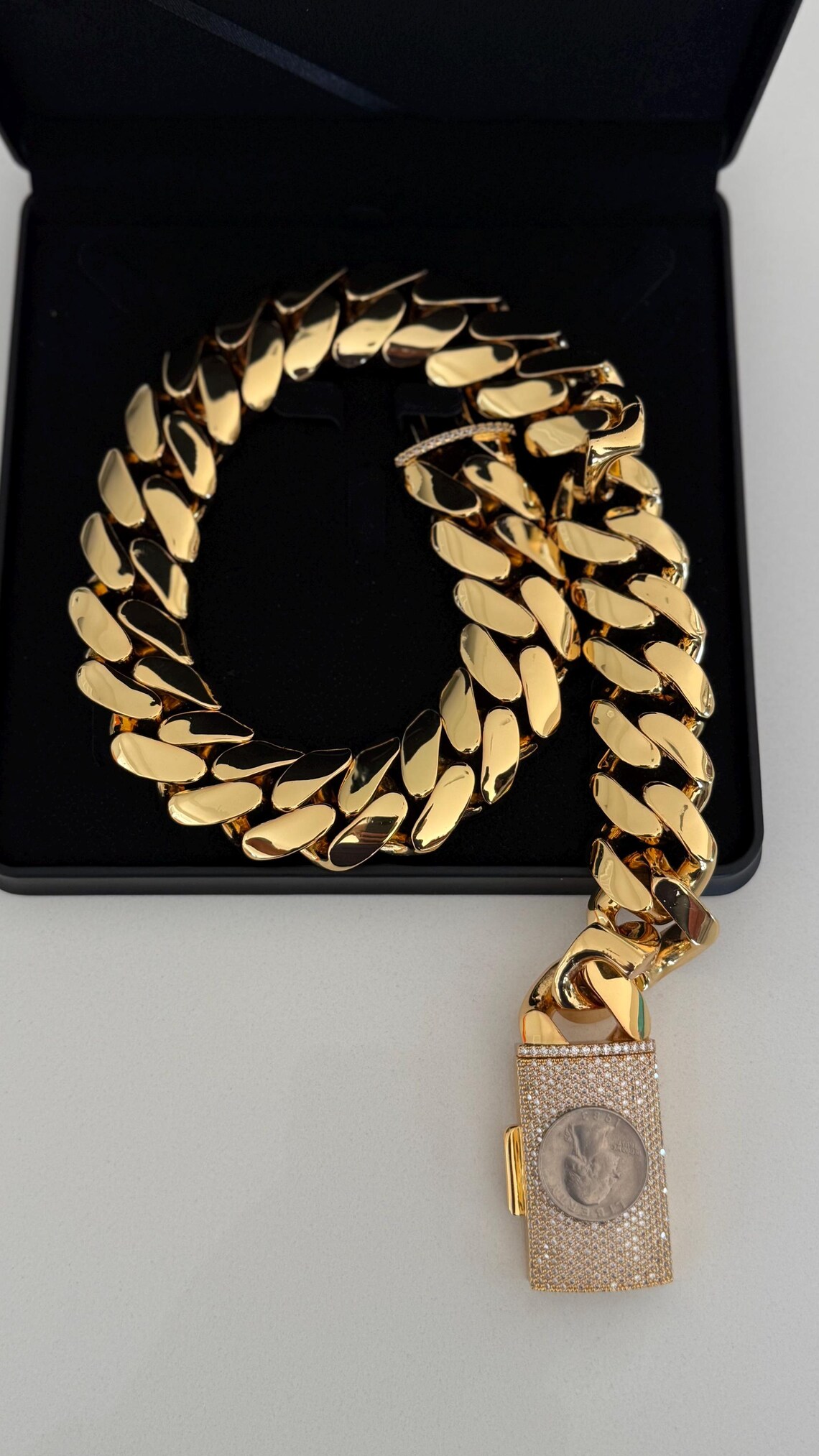 30mm Cuban Link Gold Plated Chain W/ Moissanite Lock-bust Down Hip Hop ...