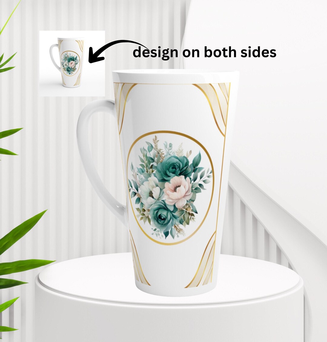Rococo Latte Mug – Teal & Cream Floral Design, Gold Border (17oz) - Etsy