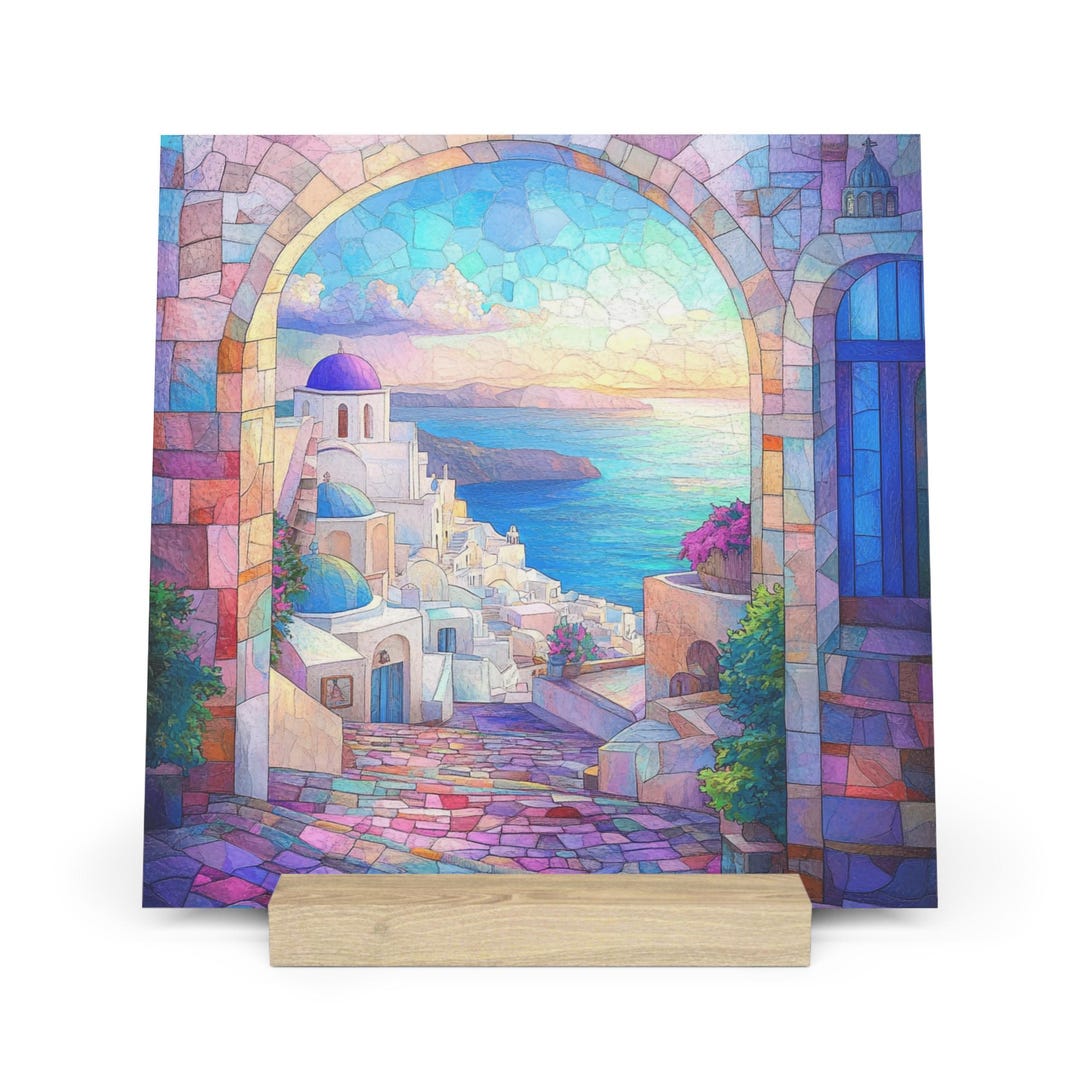Santorini Seaside Mosaic Gallery Board With Stand | Coastal Wall Art ...