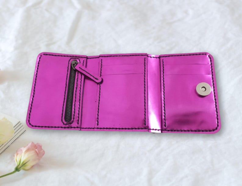 Metallic Pink Wallet, Trifold Women Wallet, Hand-stitched Leather ...