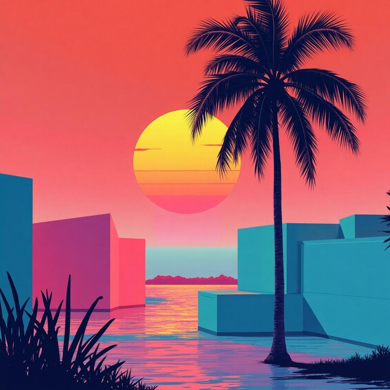 150 Retro 80s Vaporwave Palm Tree Sunset With Geometric Shapes, Miami ...