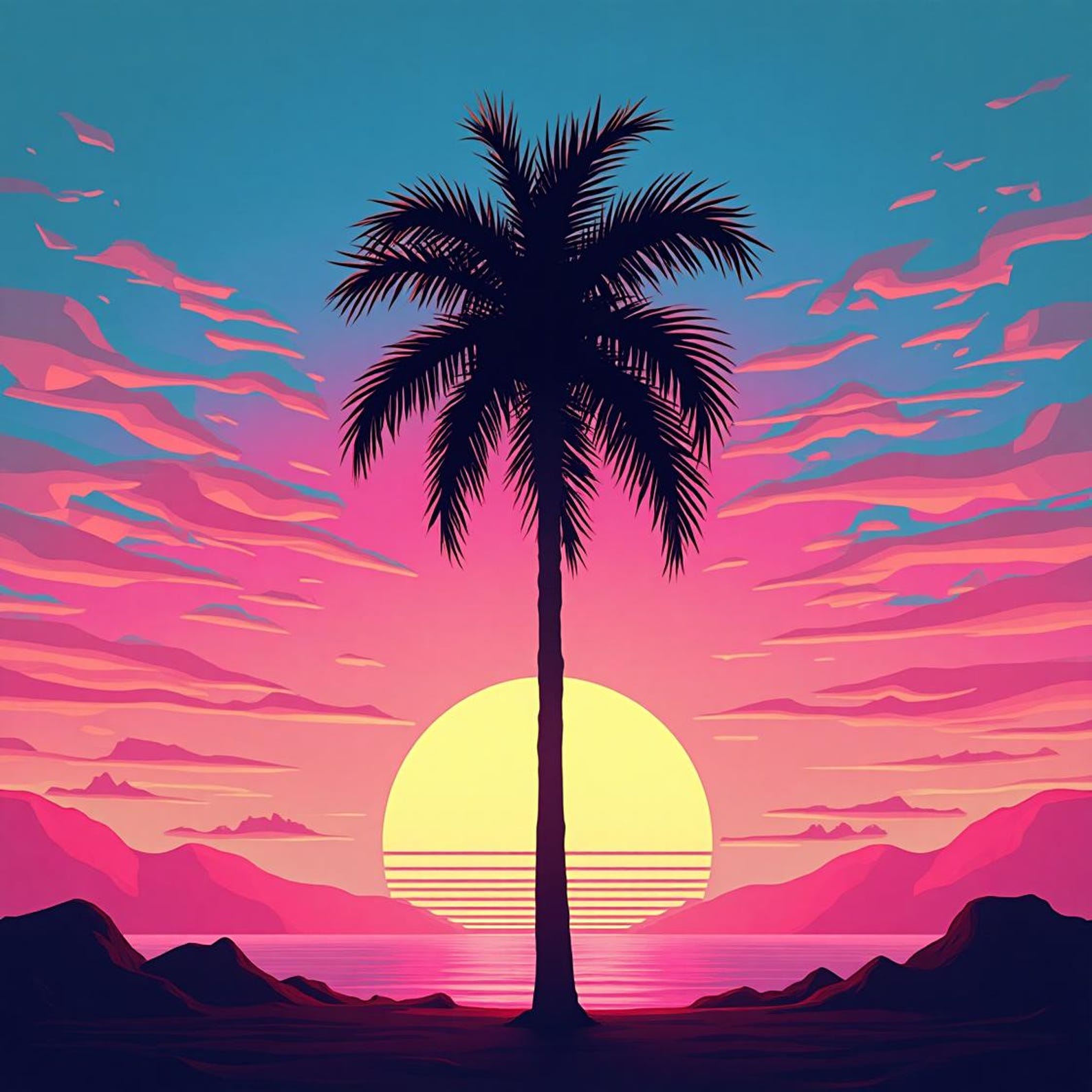 150+ Retro 80s Vaporwave Palm Tree Sunset With Geometric Shapes, Miami ...