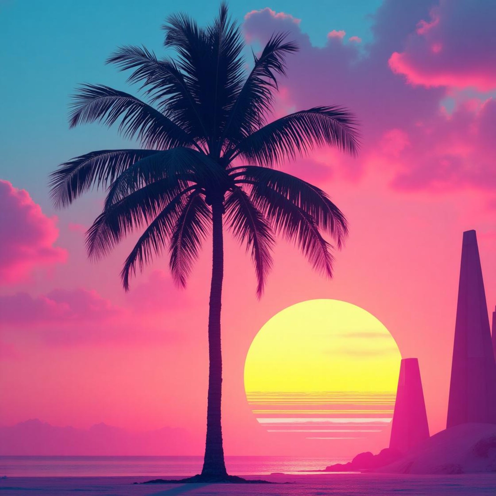 150+ Retro 80s Vaporwave Palm Tree Sunset With Geometric Shapes, Miami ...