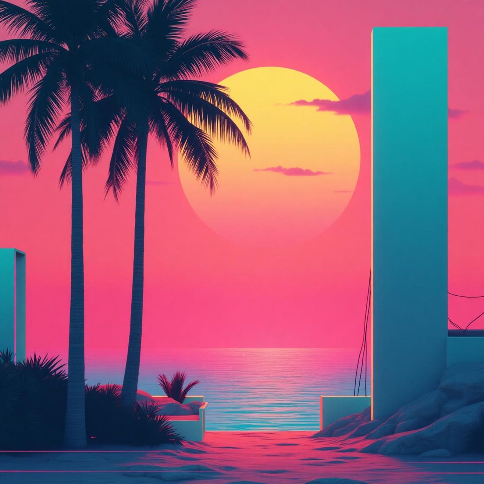 150+ Retro 80s Vaporwave Palm Tree Sunset With Geometric Shapes, Miami ...