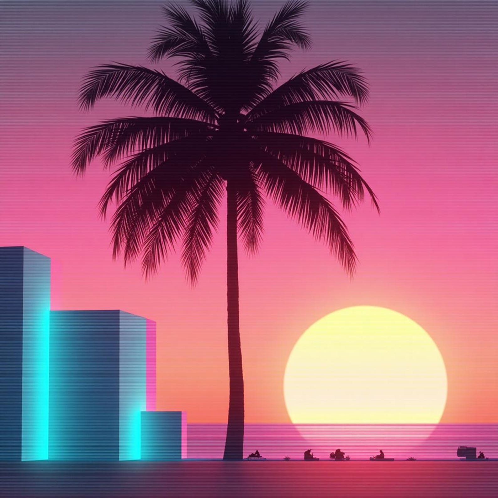 150+ Retro 80s Vaporwave Palm Tree Sunset With Geometric Shapes, Miami ...