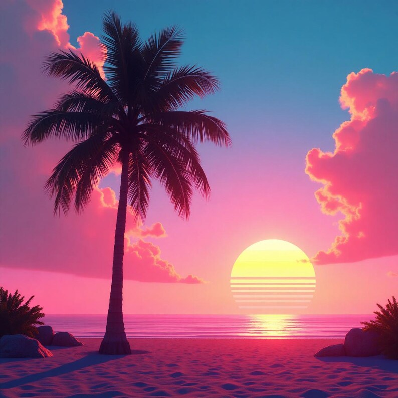 150+ Retro 80s Vaporwave Palm Tree Sunset With Geometric Shapes, Miami ...