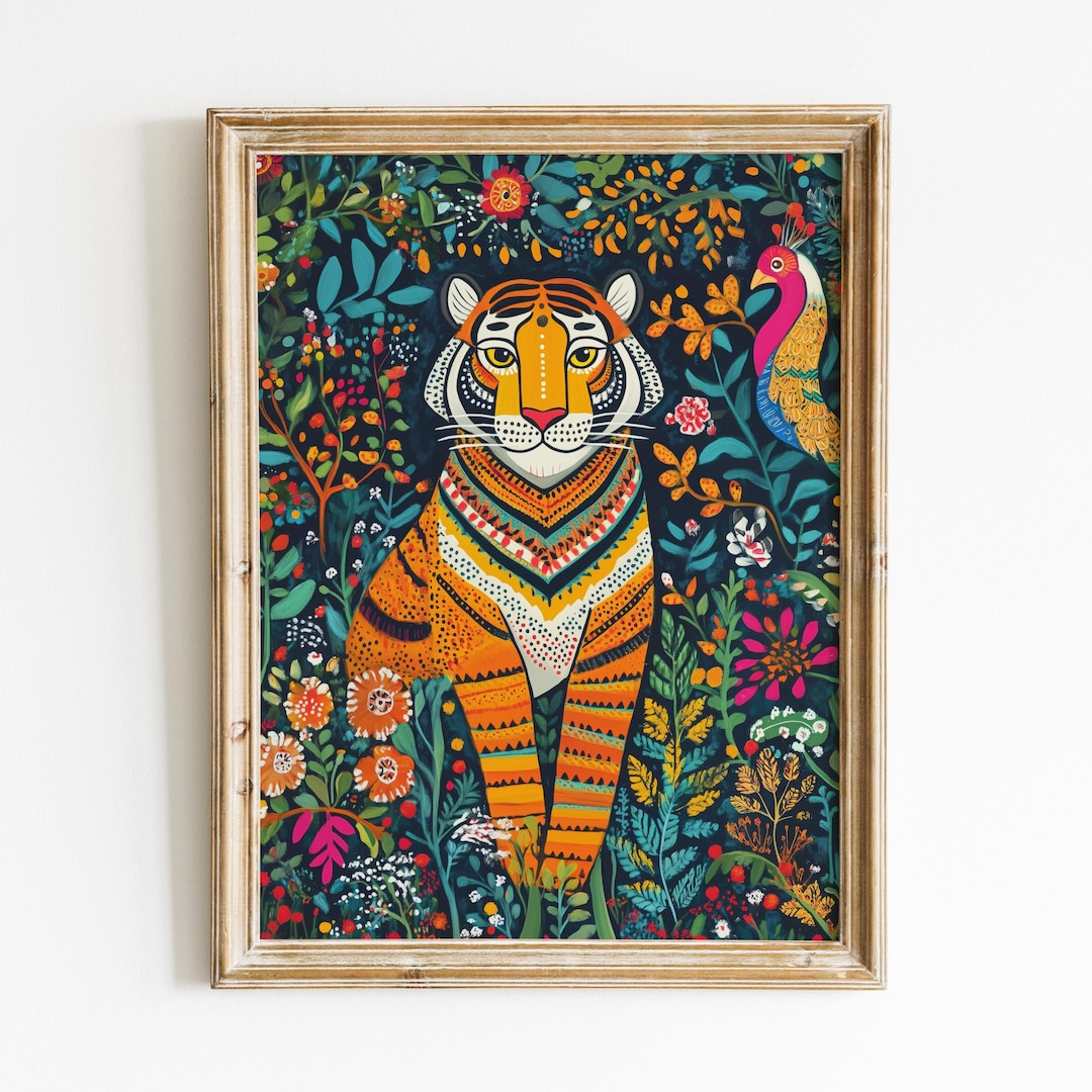 Indian Tiger Art Print, Gond Art Painting, Indian Folk Art Digital ...