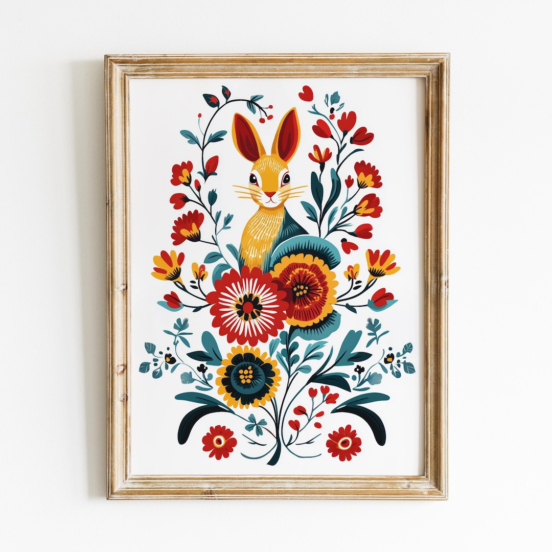 Hare Rosemaling Art Print, Rabbit Norwegian Folk Art Digital Download ...