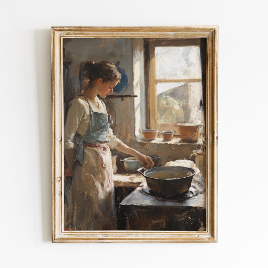 French Kitchen Painting, Vintage Art Print, Woman Cooking Art Digital ...