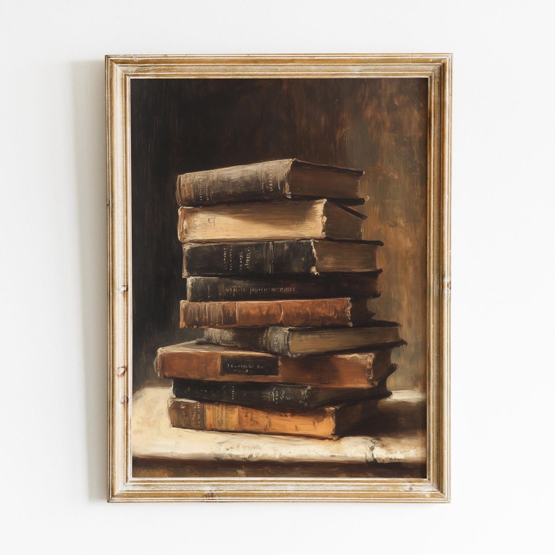 Vintage Book Stack Painting, Moody Bookish Art Print, Reading Nook ...