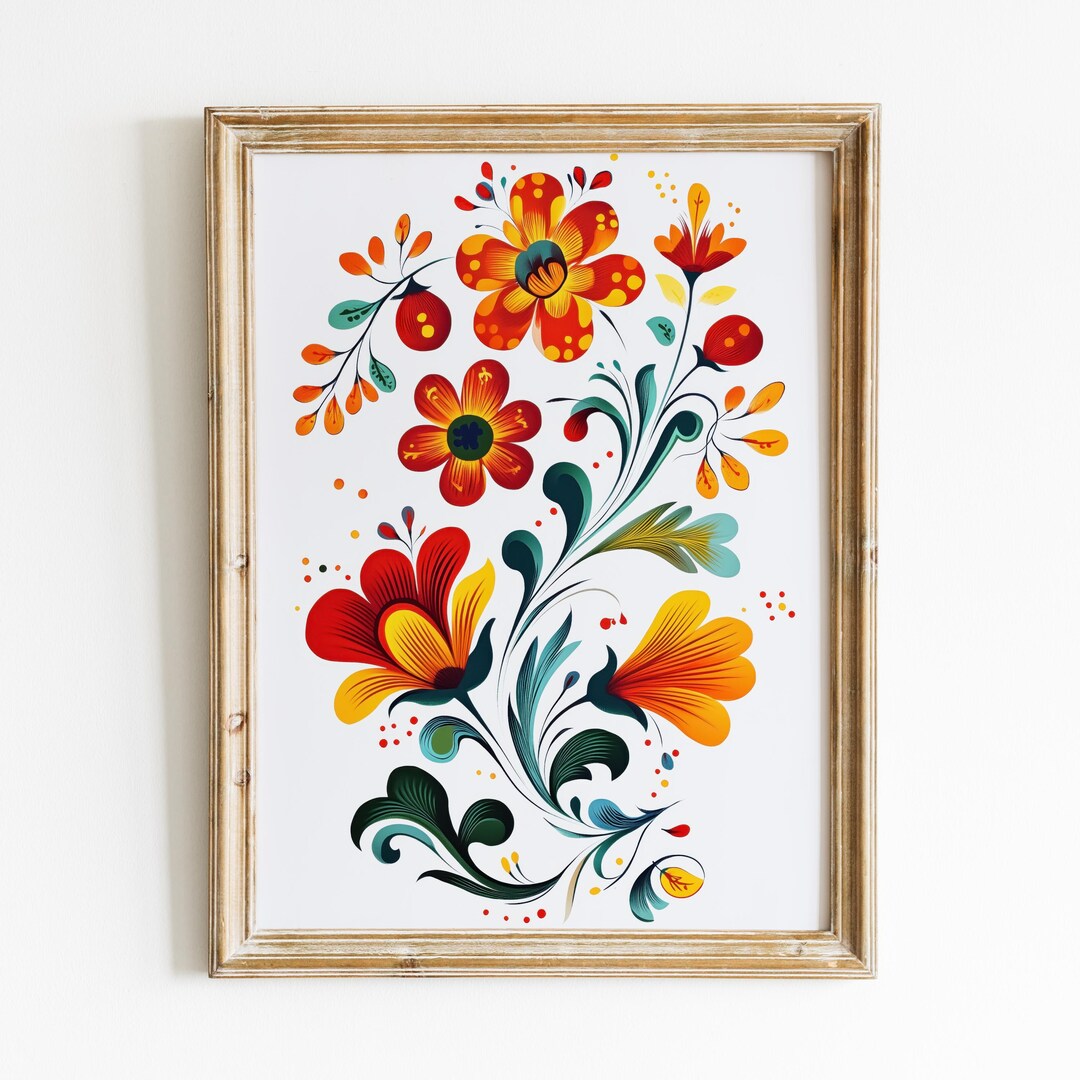 Clematis Rosemaling Art Print, Floral Norwegian Folk Art Digital ...