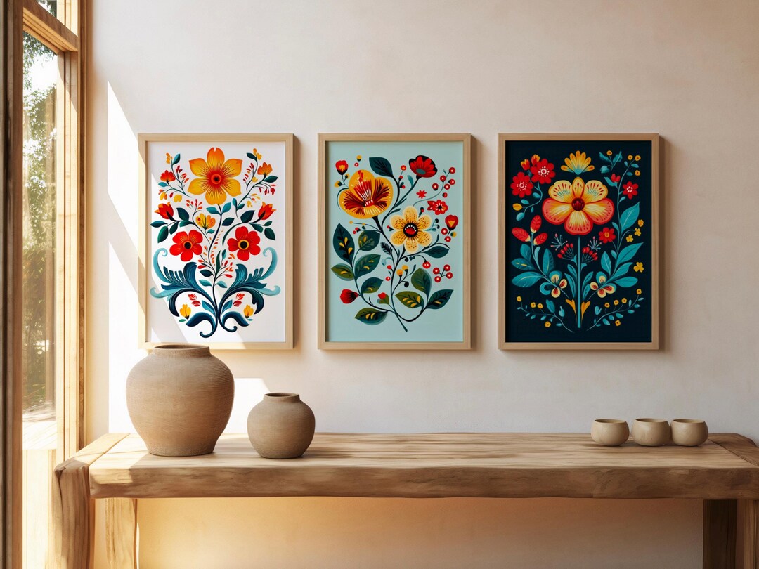 Floral Rosemaling Art Prints, 3 Norwegian Folk Art Digital Download ...