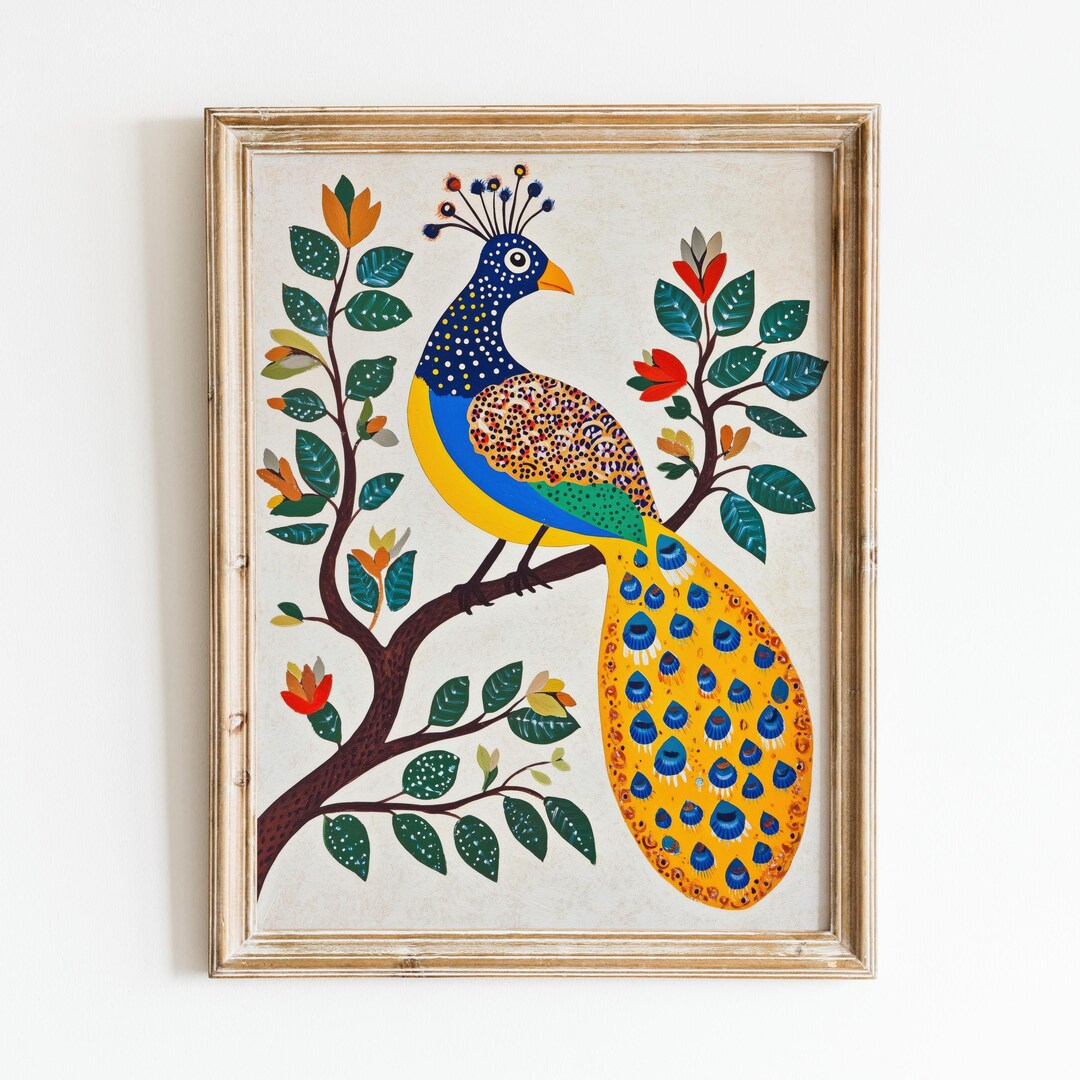 Indian Peacock Art Print, Gond Art Painting, Indian Folk Art Digital ...