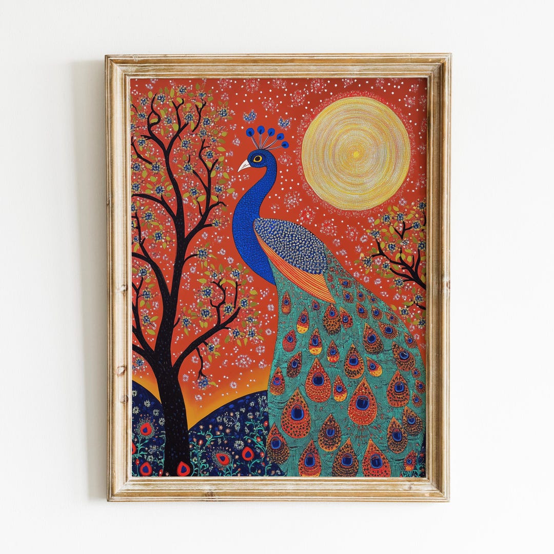 Indian Peacock Art Print, Gond Art Painting, Indian Folk Art Digital ...