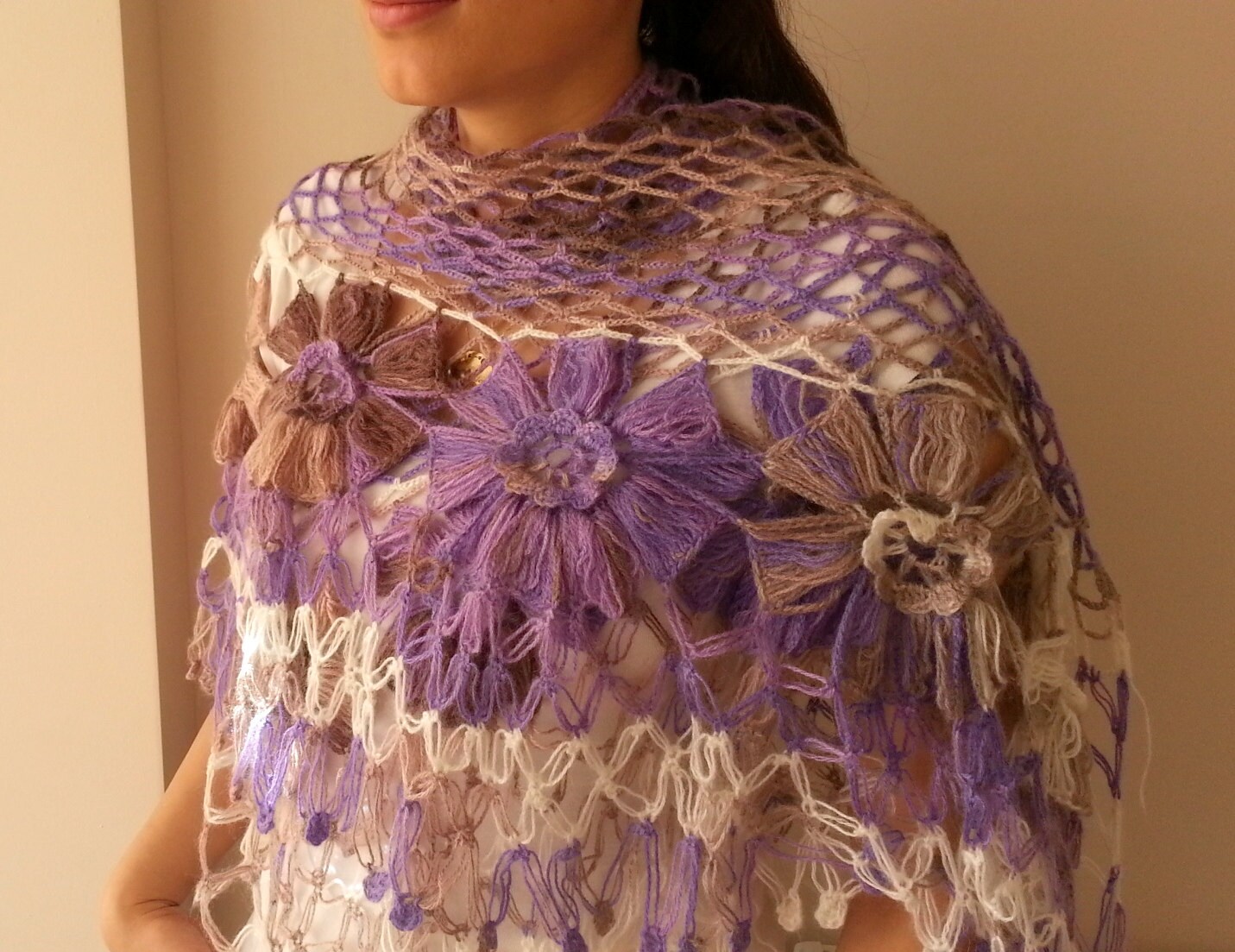 Crocheted Shawl, Dahlia Flower Shawl, Triangle Shawl, Floral Fantasy ...