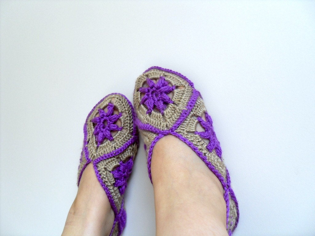 SALE Home Slippers Taupe and Deep Purple Slippers Winter Fashion ...