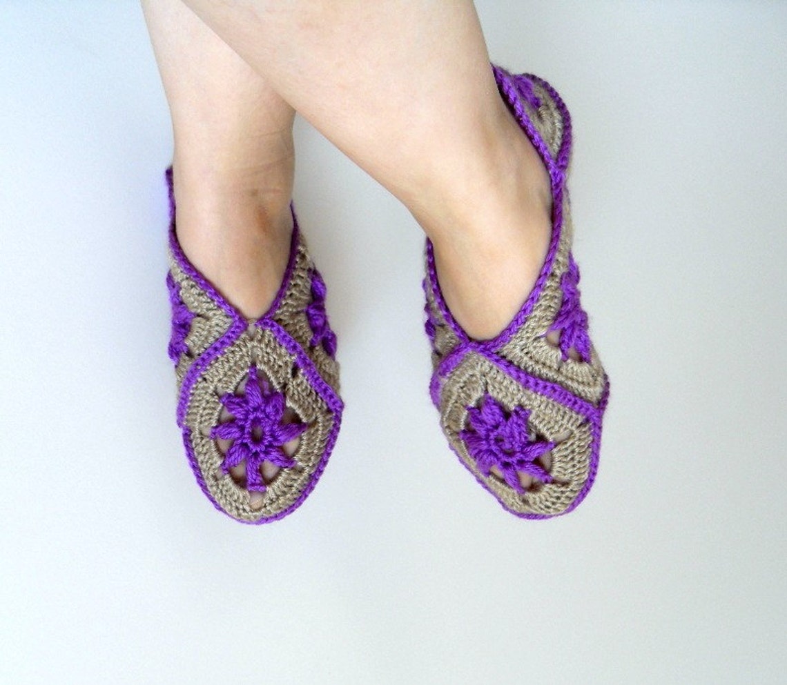 SALE Home Slippers Taupe and Deep Purple Slippers Winter Fashion ...