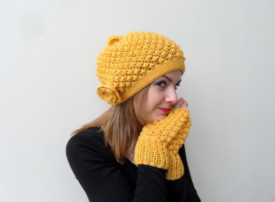 Hand Knitted Hat Mustard Hat Yellow Slouchy Hat Ribbed Chunky Hat ...