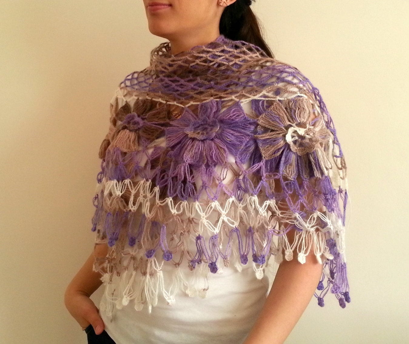 Crocheted Shawl, Dahlia Flower Shawl, Triangle Shawl, Floral Fantasy ...