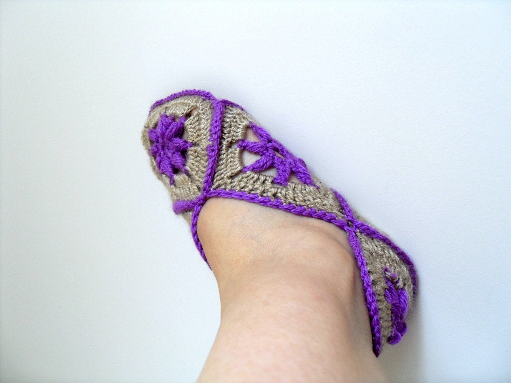 SALE Home Slippers Taupe and Deep Purple Slippers Winter Fashion ...