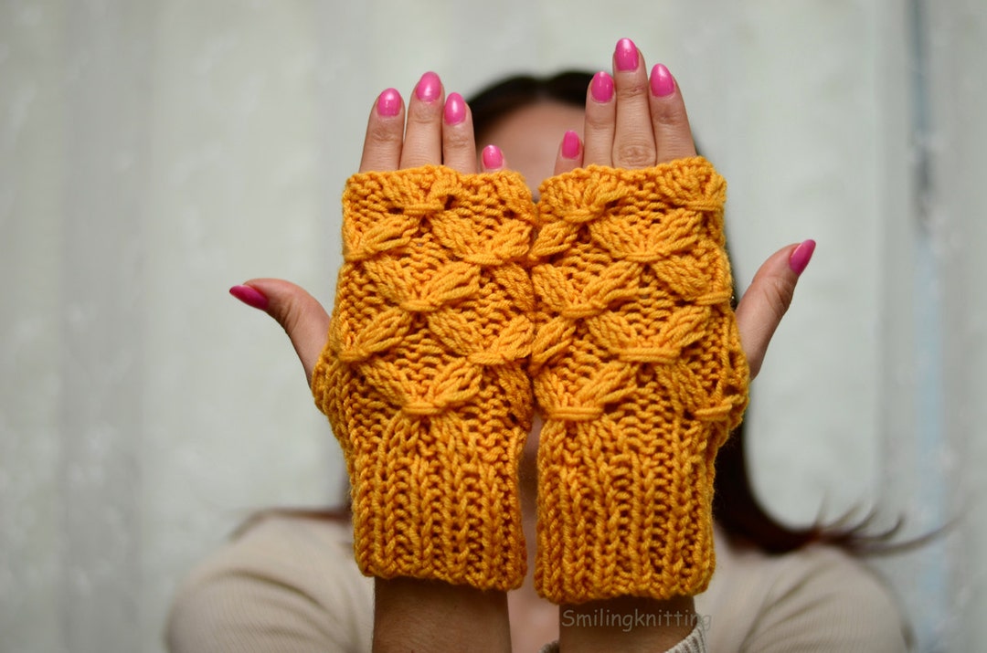 Yellow Fingerless Gloves Mustard Yellow Hand Knit Gloves Cable Arm Warmers Christmas T
