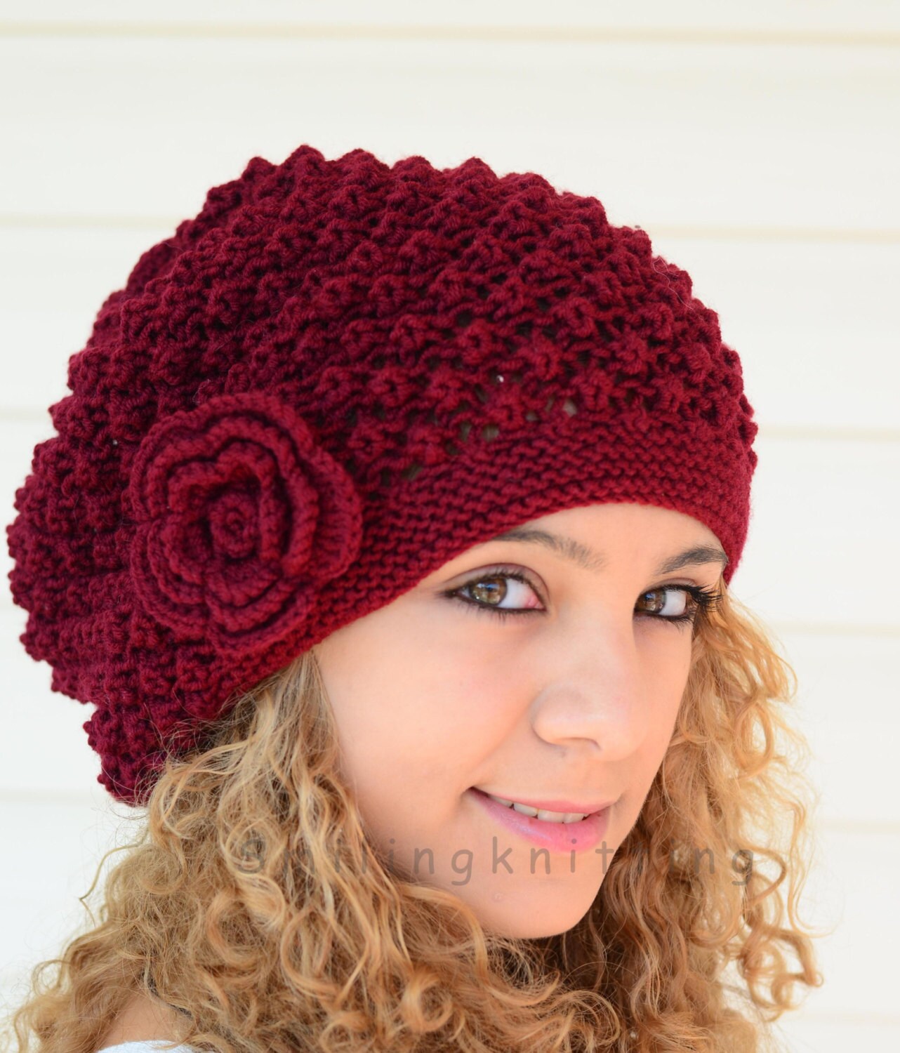 Hand Knitted Hat, Burgundy Knit Hat,slouchy Hat, Beret,, Ribbed, Chunky ...