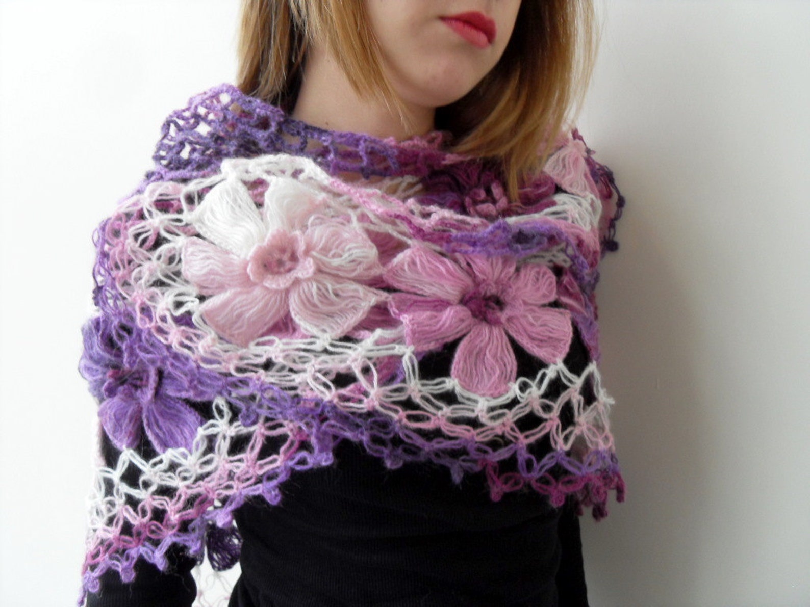 Crocheted Shawl Dahlia Flower Shawl Triangle Shawl Purple Shawl ...