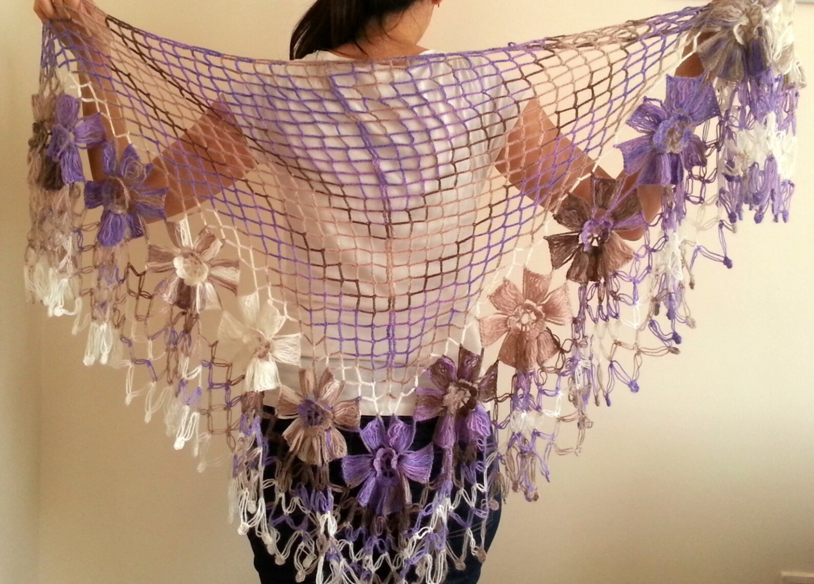 Crocheted Shawl, Dahlia Flower Shawl, Triangle Shawl, Floral Fantasy ...