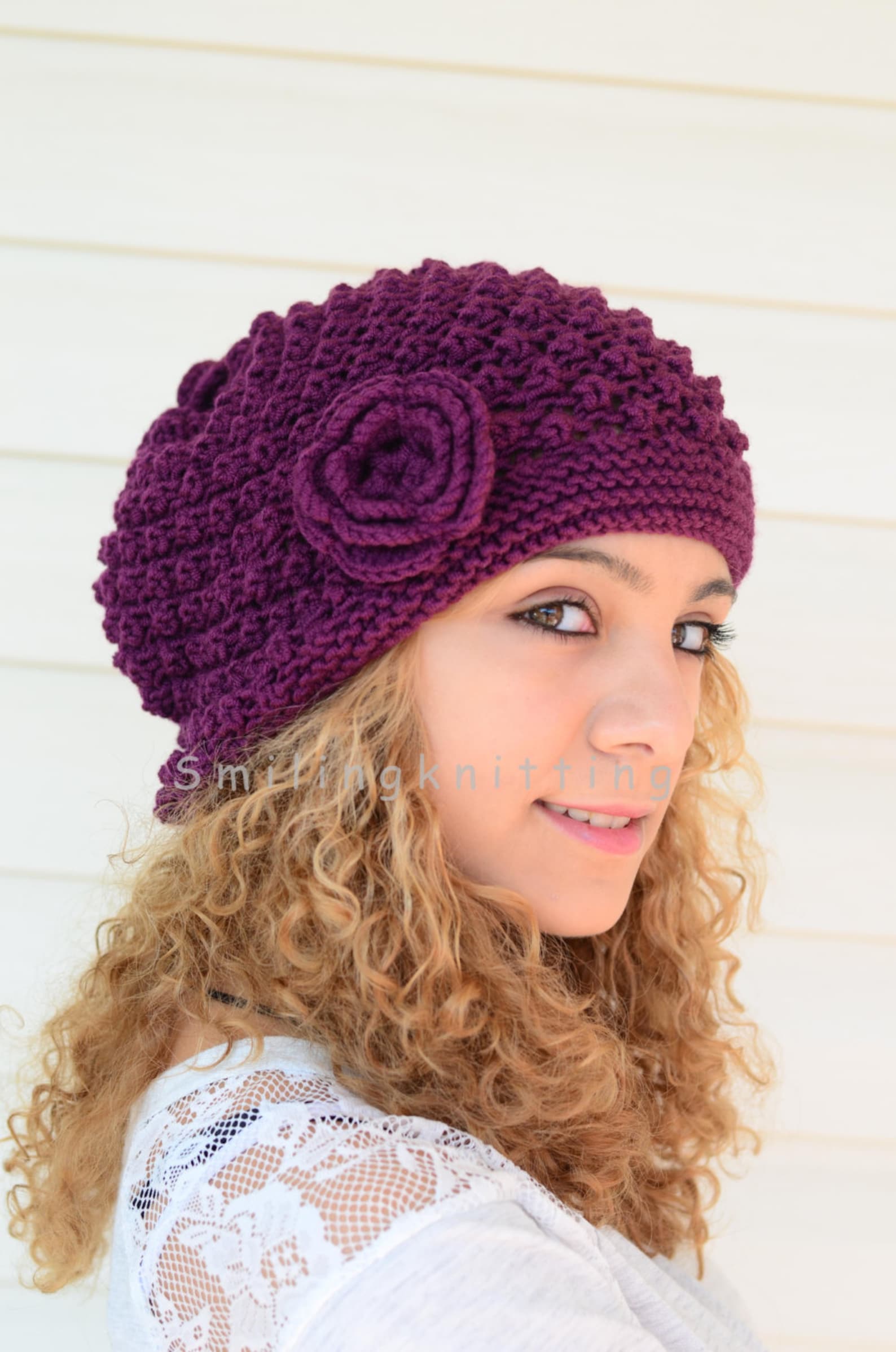 Hand Knitted Hat, Plum Knit Hat,slouchy Hat, Beret, Ribbed, Chunky Hat ...