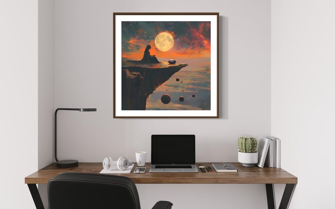The Moon Watcher Surreal Fantasy Art Print Cosmic Dreamscape Decor ...