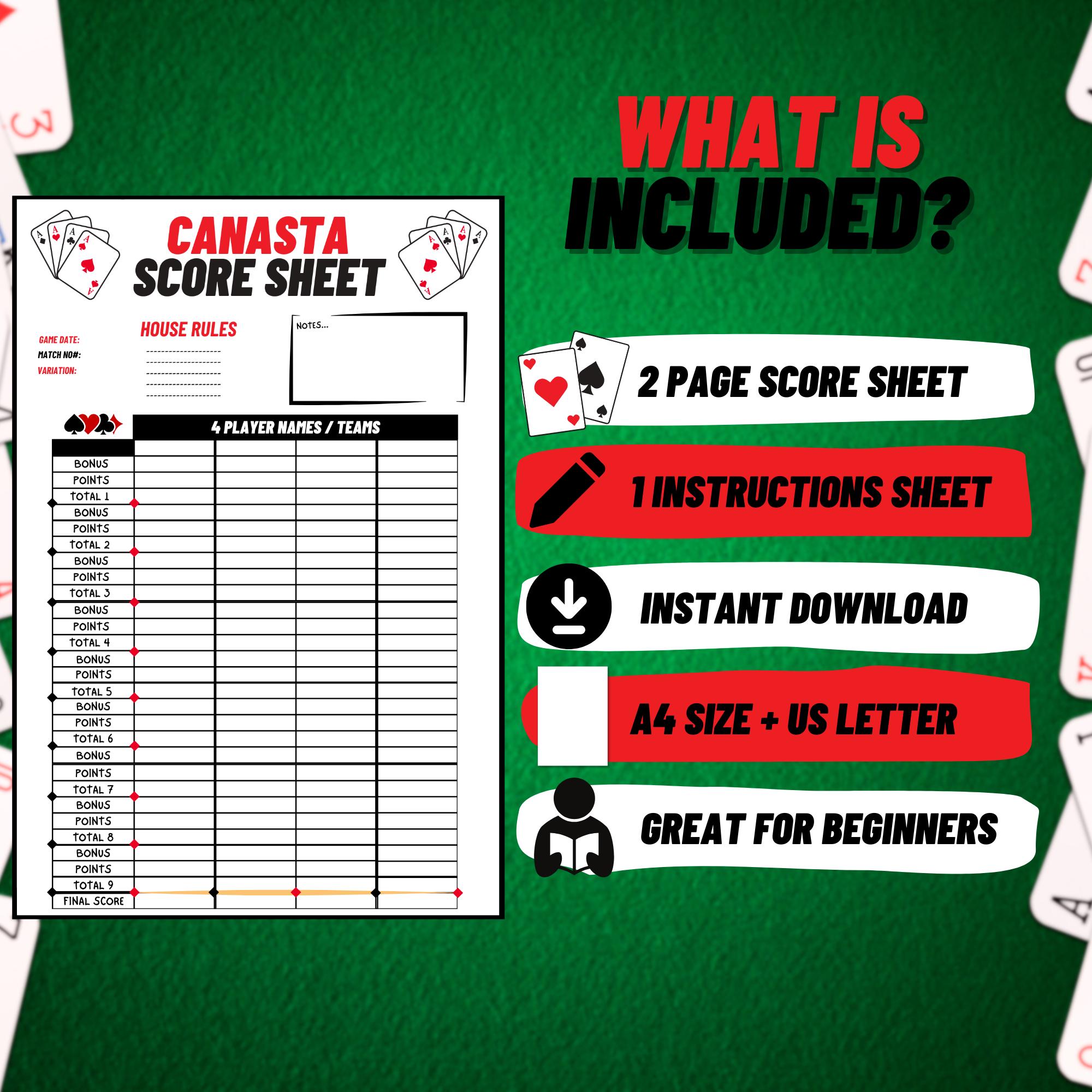 Canasta Score Sheet, Canasta Score Pad, Score Sheet, Game Score Sheet ...