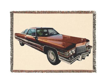 70s Cadillac Coupe Deville Woven Blanket Rug - Vintage Car Throw ...