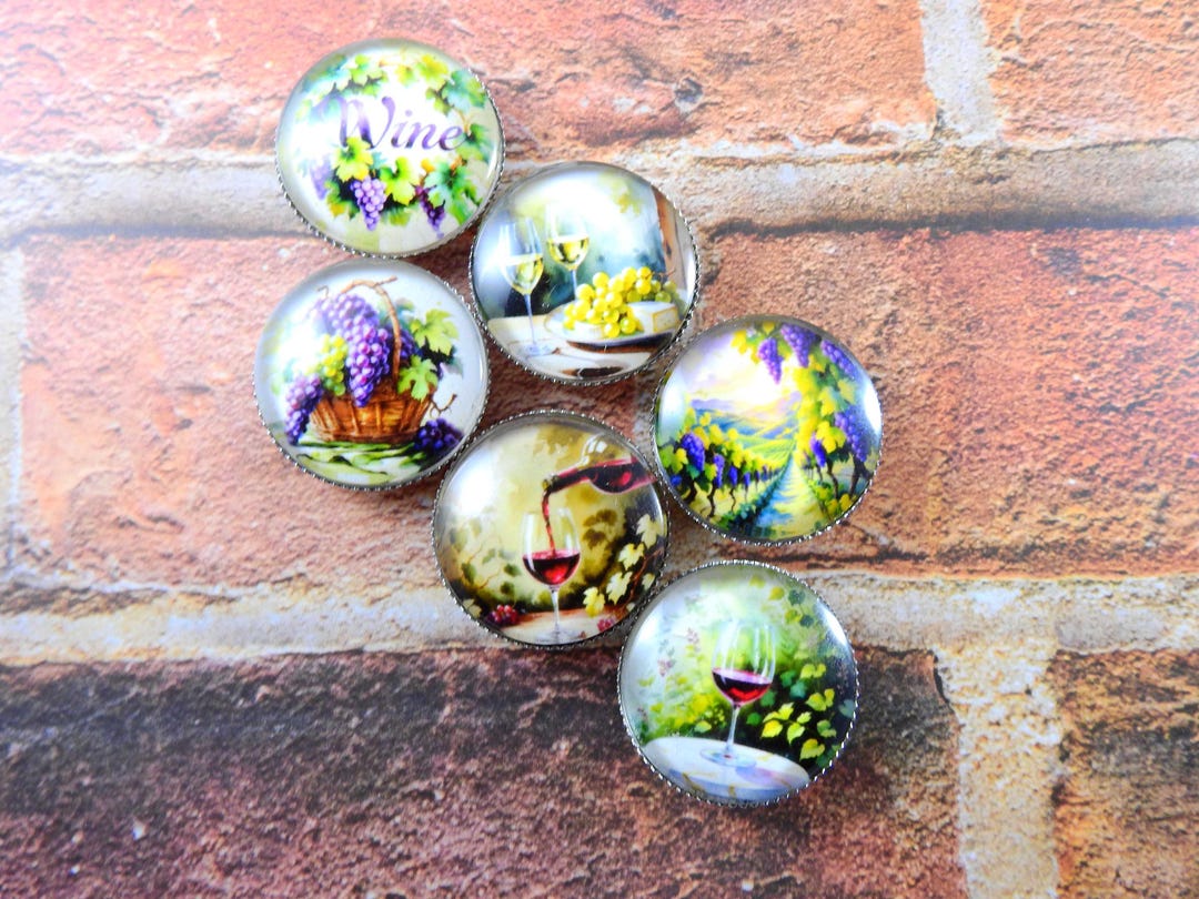 Wine Glass & Vineyard - Rustic Kitchen Décor - Glass Cabochon Magnets ...