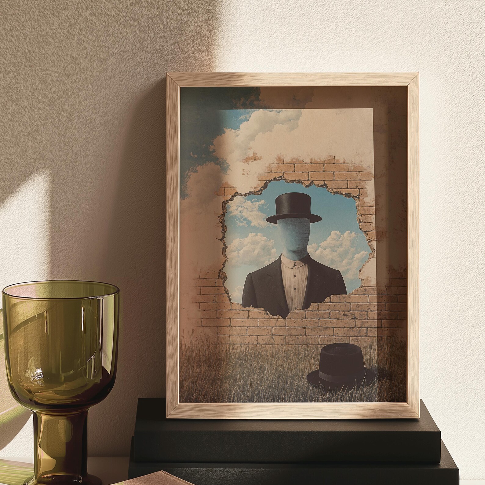 Surrealist Wall Man Digital Art Print | Faceless Figure & Brick Portal ...