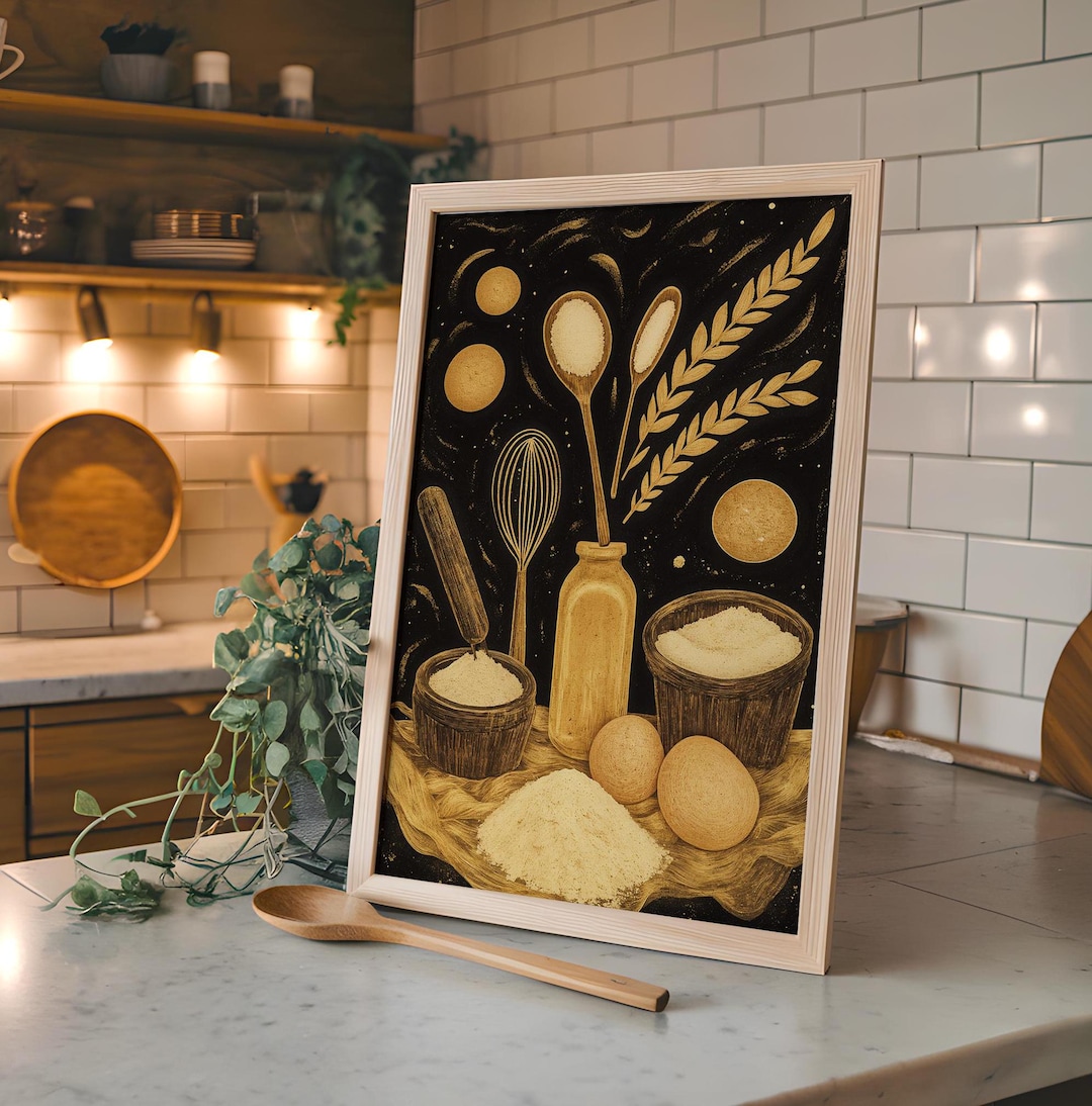Vintage Baking Art Print | Rustic Kitchen Decor | Golden Flour & Wheat ...