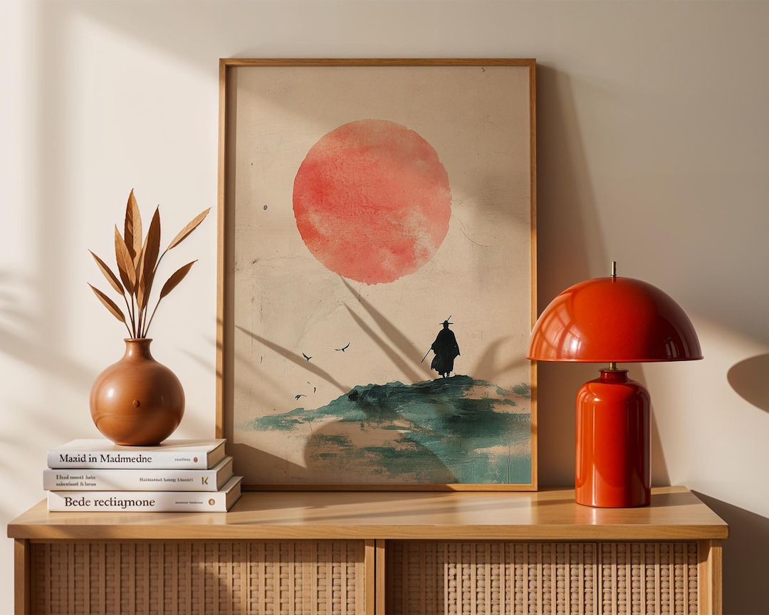 Samurai Red Sun Digital Art Print | Japanese Ink Wash Wall Art ...