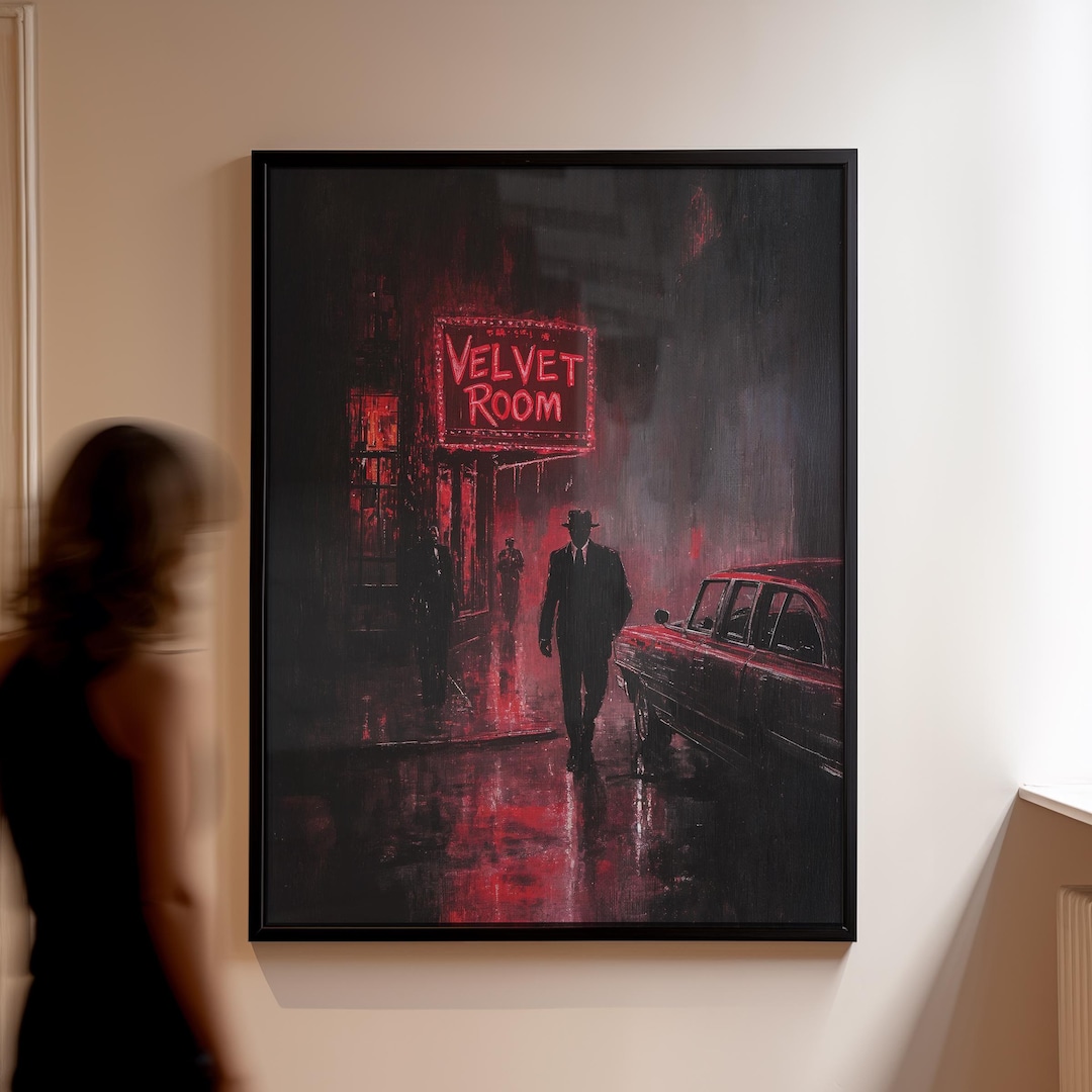 Velvet Room Noir Digital Art Print | Shadowy Night Scene & Neon Sign ...
