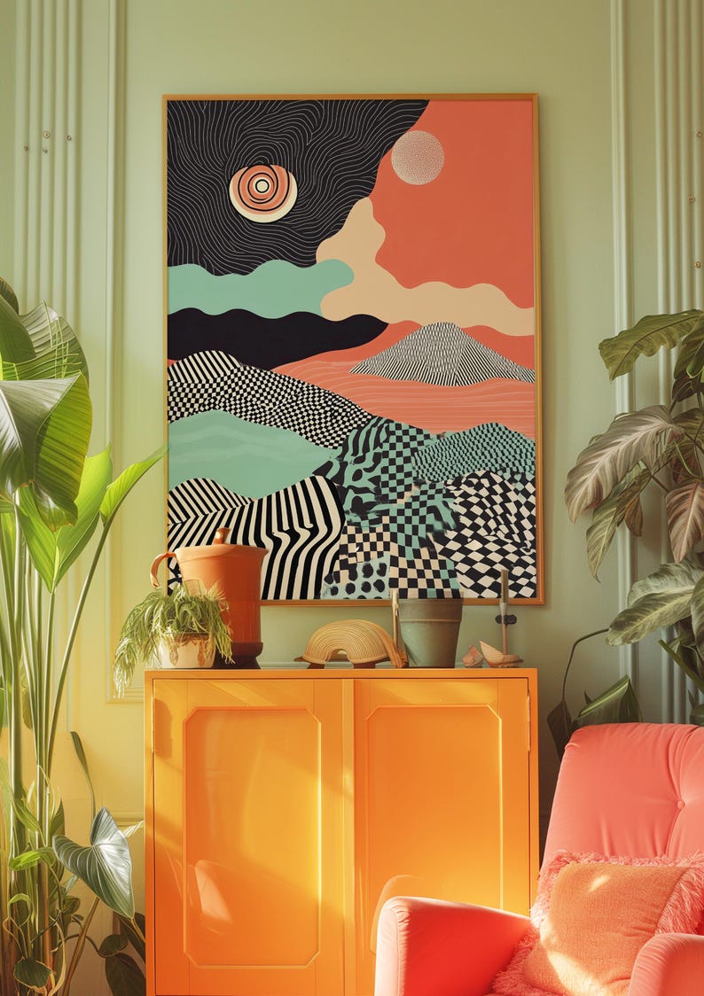 Retro Optical Illusion Digital Art Print | Abstract Landscape & Checker ...