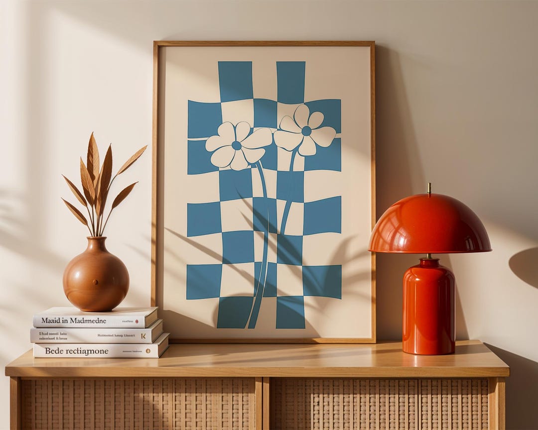 Wavy Checkerboard Flower Print | Minimalist Art| Retro Indie Poster ...