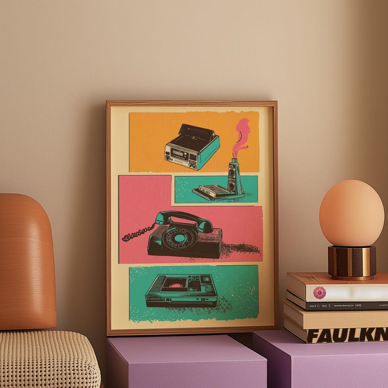 Retro Tech Pop Art Print | Vintage Phone, Camera & Cassette | Bold 80s ...