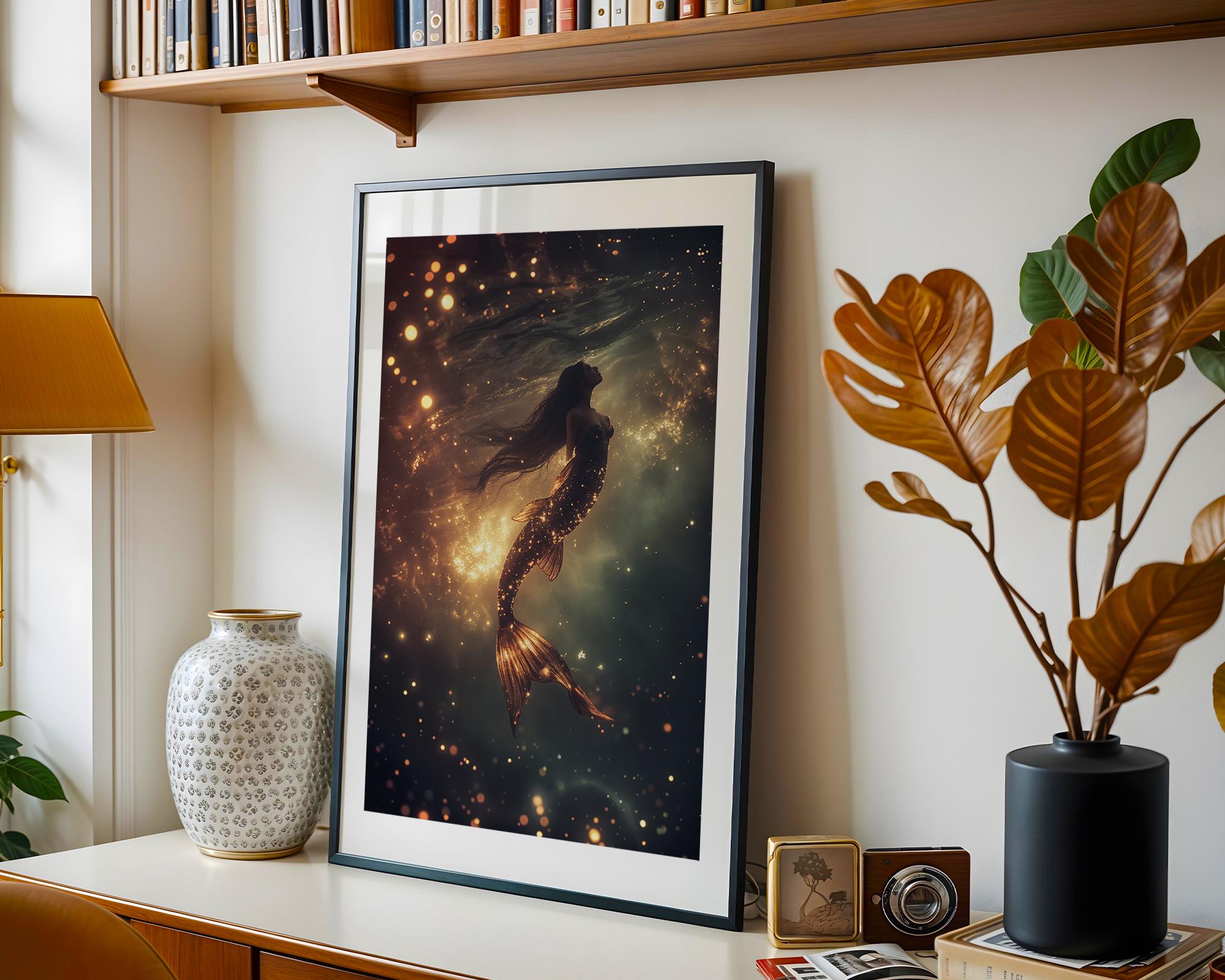 Golden Mermaid Glow Digital Art Print | Enchanting Ocean Fantasy ...